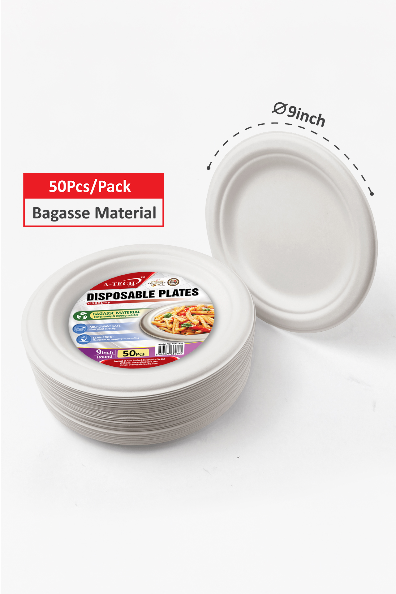 BIODEGRADABLE BAGASSE PLATE - 23CM (50PCS) - A-Tech
